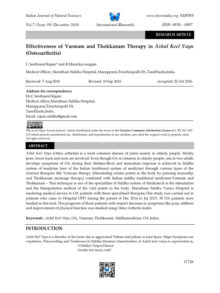 Varmam Therapy for Osteoarthritis | PDF | Osteoarthritis | Joint