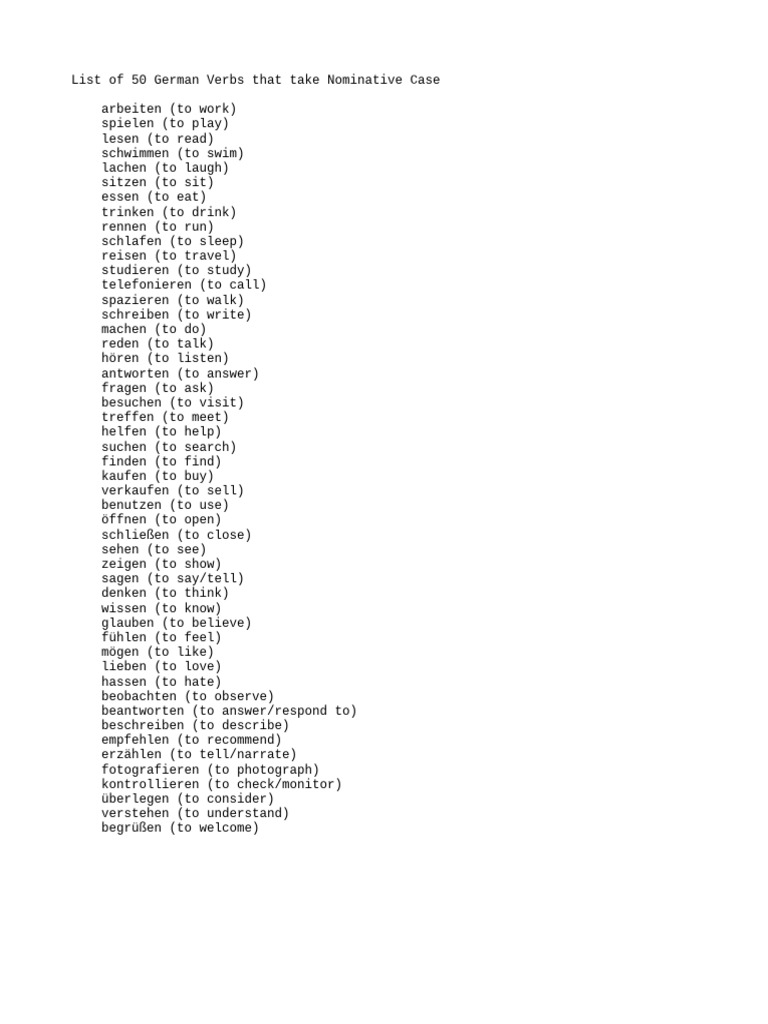 List of 50 German Verbs That Take Nominative | PDF