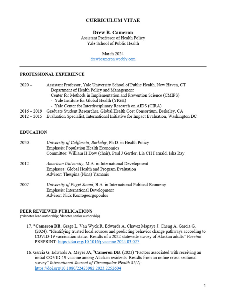 Cameron CV Mar2024 | PDF | Public Health | Health Economics