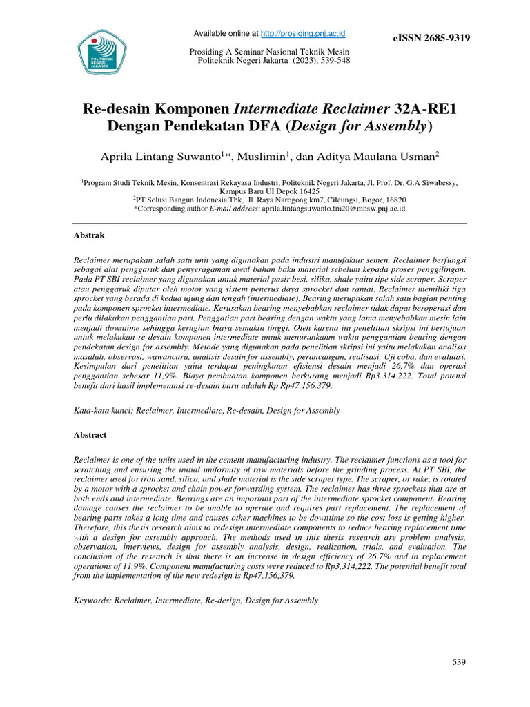 Re-Desain Komponen Intermediate Reclaimer 32A-RE1 Dengan Pendekatan DFA (Design For Assembly) | PDF