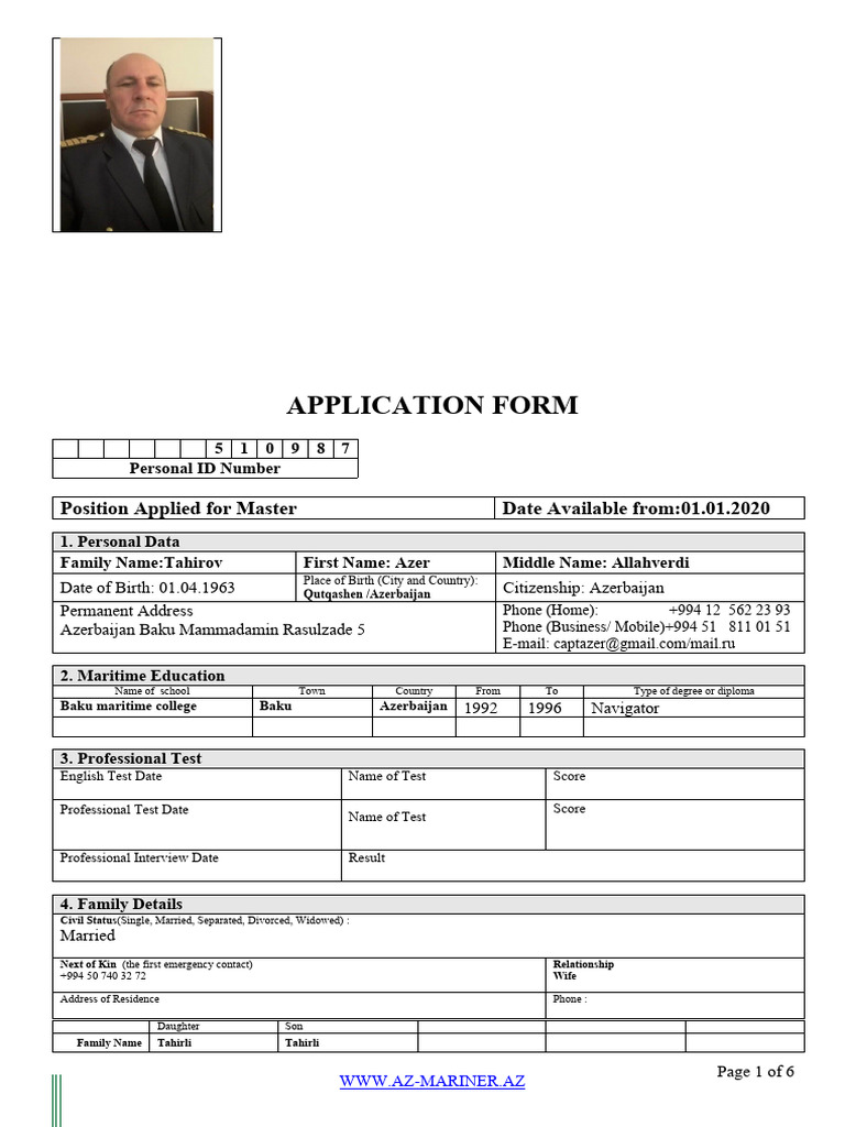Master Mariner Application Form | PDF | Shipping