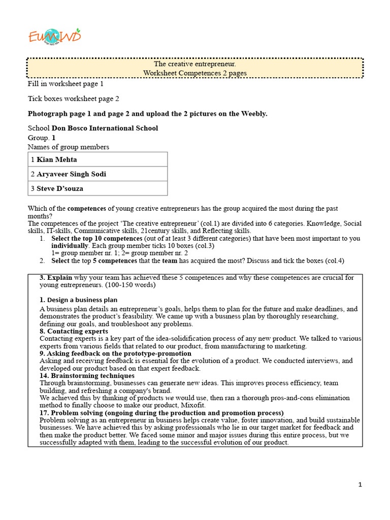 Creative Entrepreneur Competence Worksheet | PDF | Educational ...