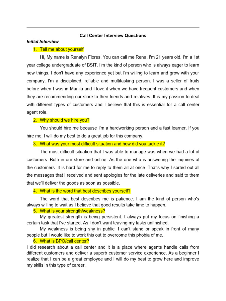 Call Center Interview Questions | Download Free PDF | Communication ...