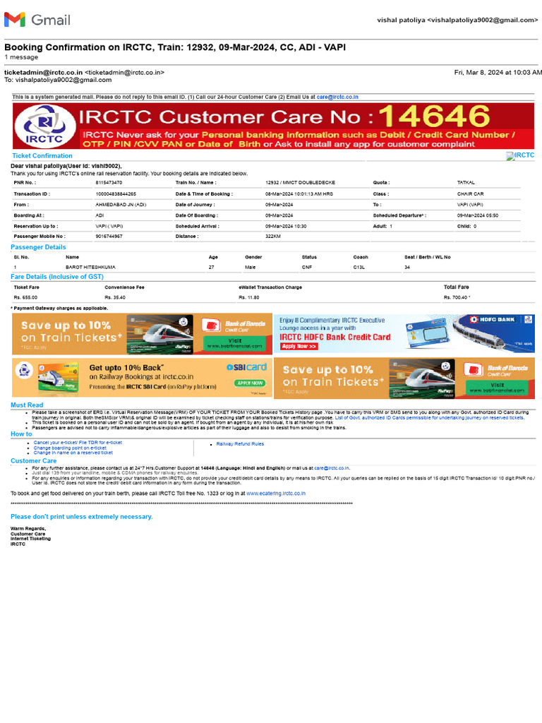 IRCTC Train Booking Confirmation | PDF | Service Industries