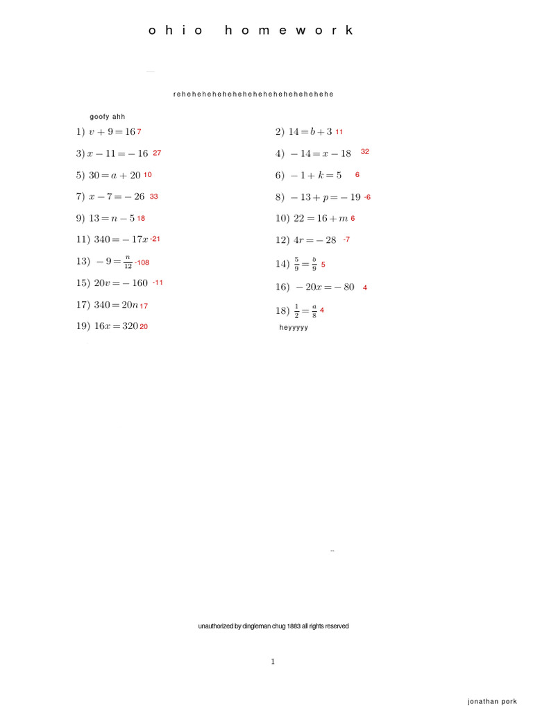 1.1 One Step Equations Practice | PDF | Equations | Mathematics