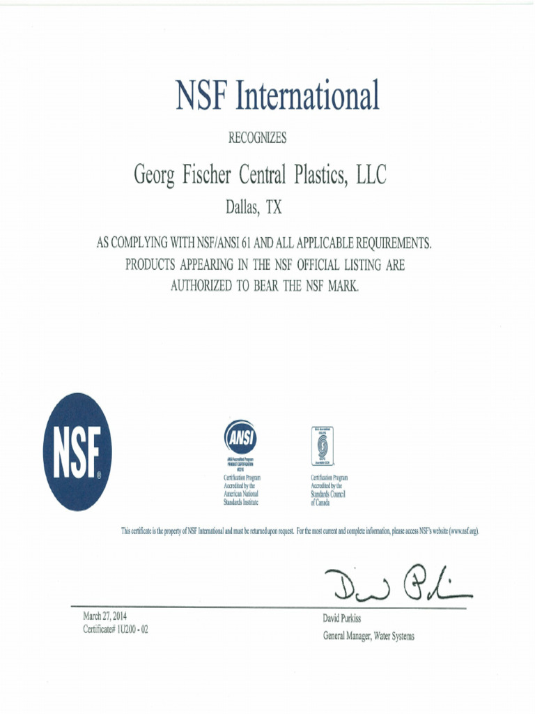NSF 61 Certificate | PDF