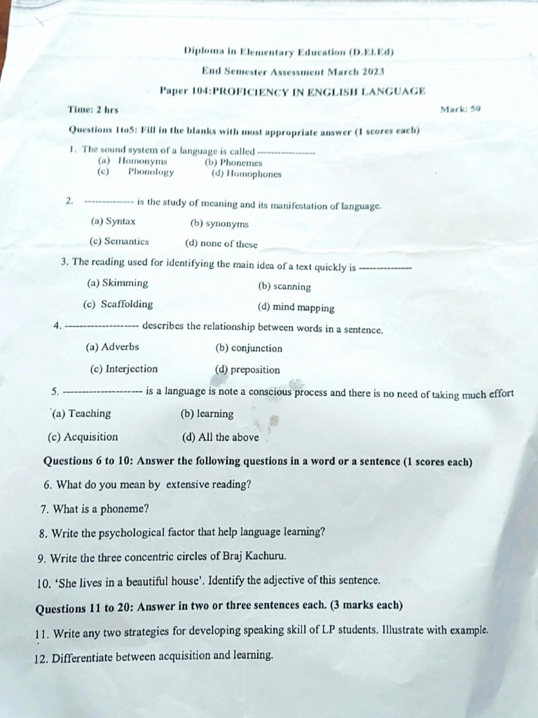 English ESA Model Question Paper | PDF | Word | English Language