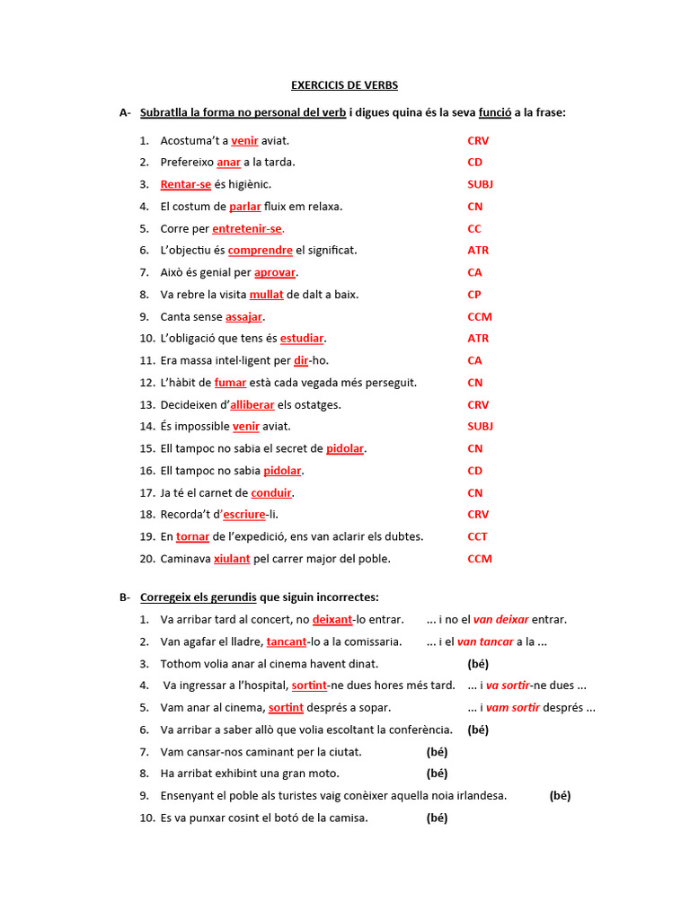 Exercici De Verbs Correcció Pdf