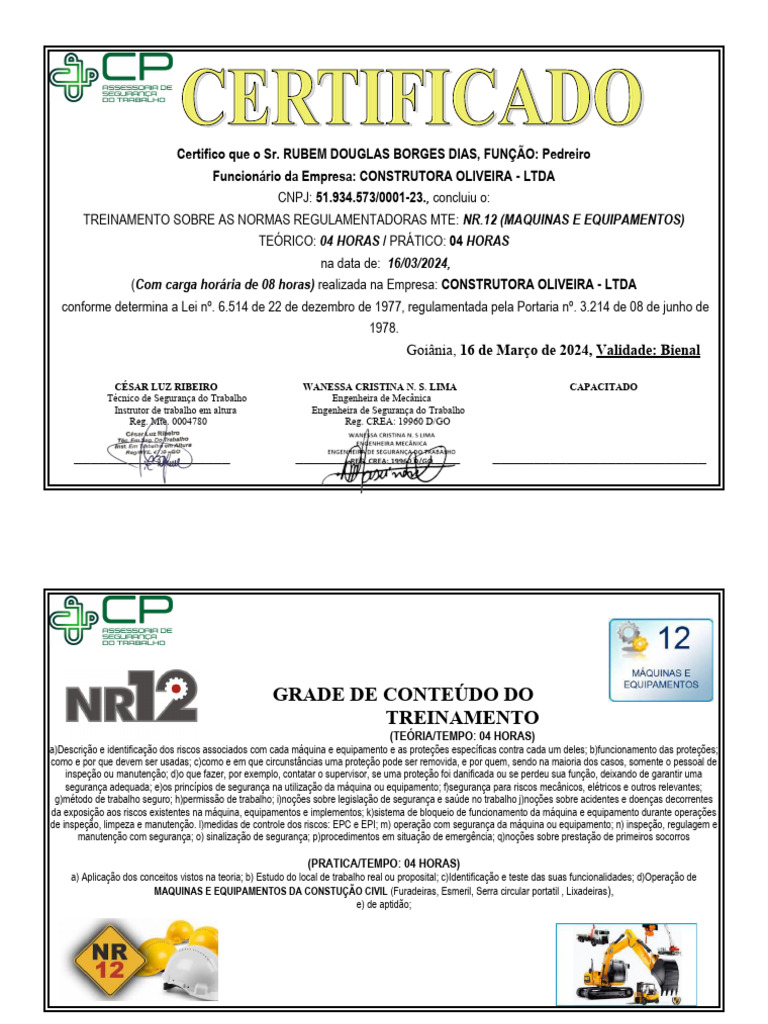 Certificado - NR.12 - Rubem | PDF | Segurança e saúde ocupacional ...