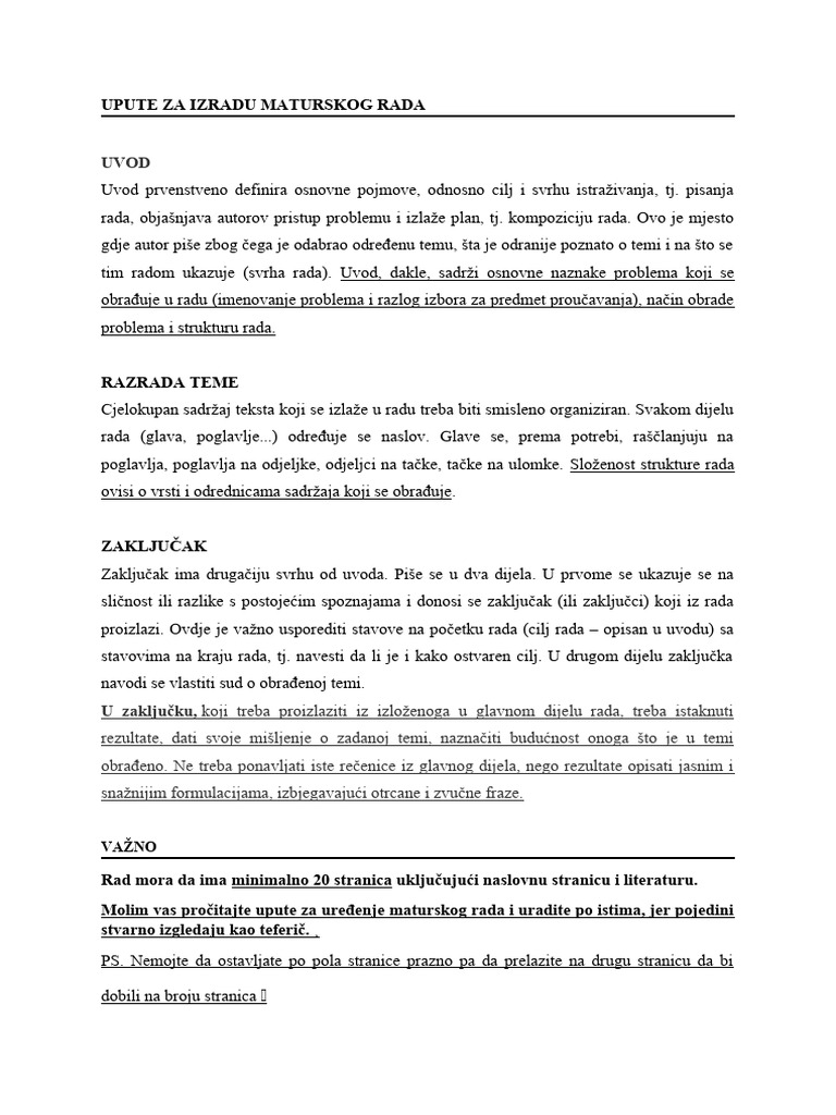 Upute Za Izradu Maturskog Rada | PDF