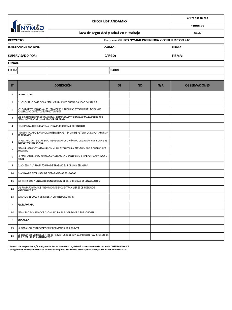 Formato de Check List de Andamios | PDF