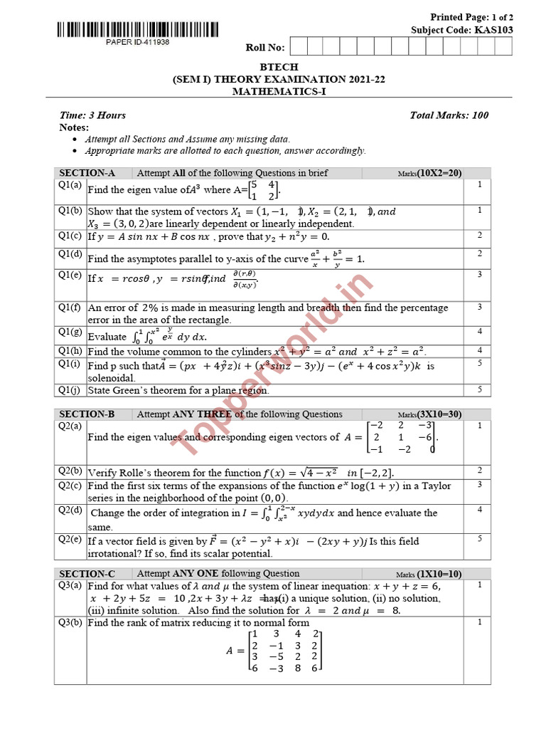 Mathematics I 2022 AKTU | PDF | Mathematical Concepts | Geometry