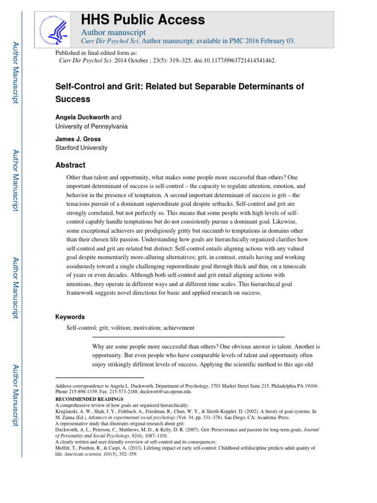 Duckworth, 2014 - Self-Control and Grit - Related But Separable ...