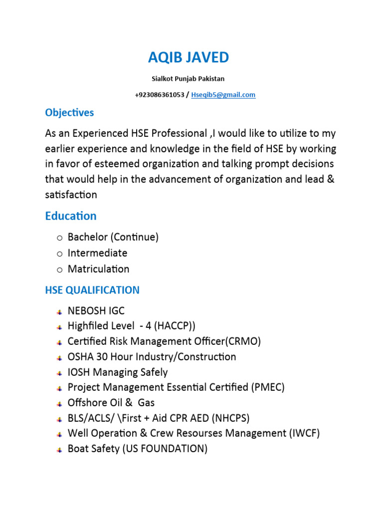 AQIB JAVED Resume | PDF | Occupational Safety And Health | Safety