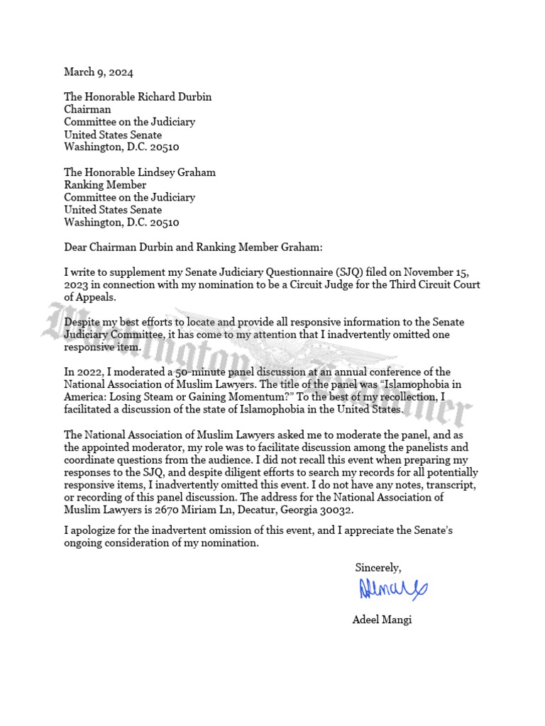 Adeel Mangi Supplemental Letter March 2024 Senate Judiciary Committee | PDF