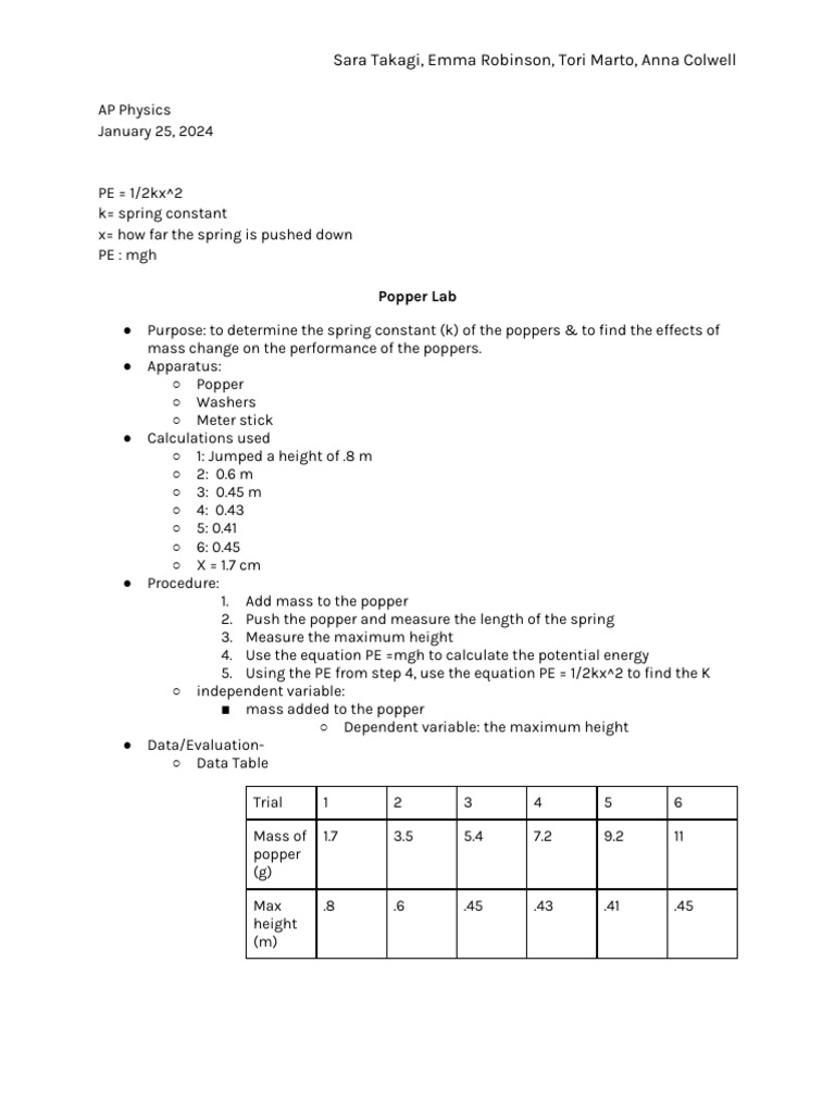 Popper Lab | PDF | Mass | Potential Energy