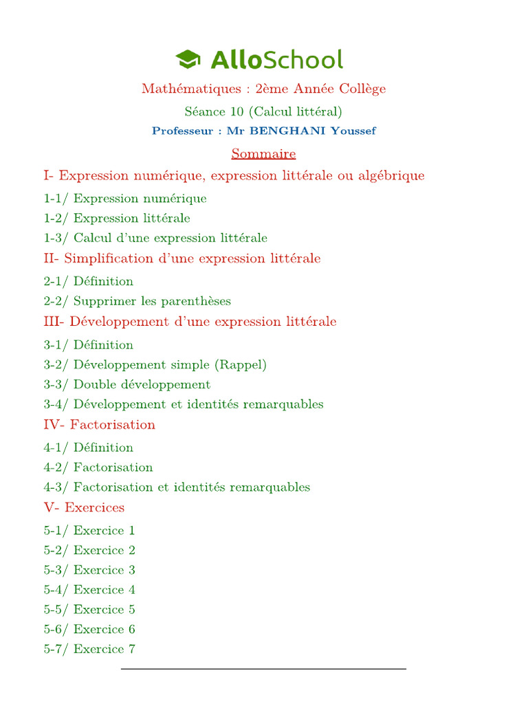 Seance 10 Calcul Litteral 1 | PDF