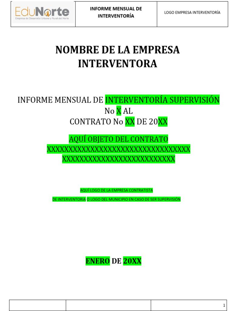 Informe Mensual de Interventoría 20XX | PDF | Póliza de seguros ...