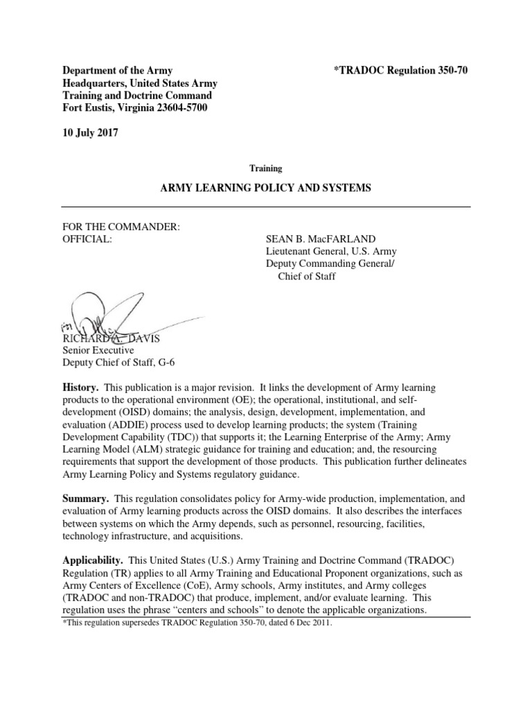 TRADOC Regulation 350-70 Army Learning Policy and Systems | Download ...