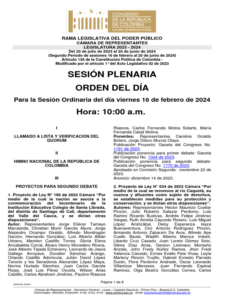 Orden del Día Sesión Plenaria 16/02/24 | PDF | Colombia | Gobernancia