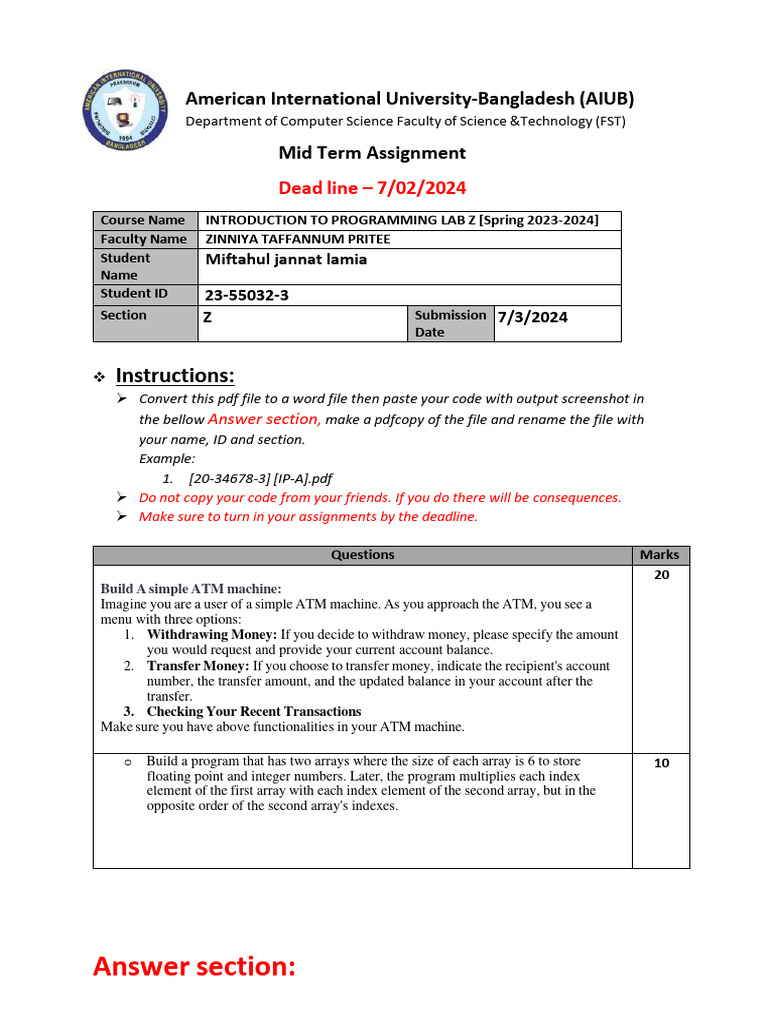 Answer Section:: Instructions | PDF | Namespace | Automated Teller Machine