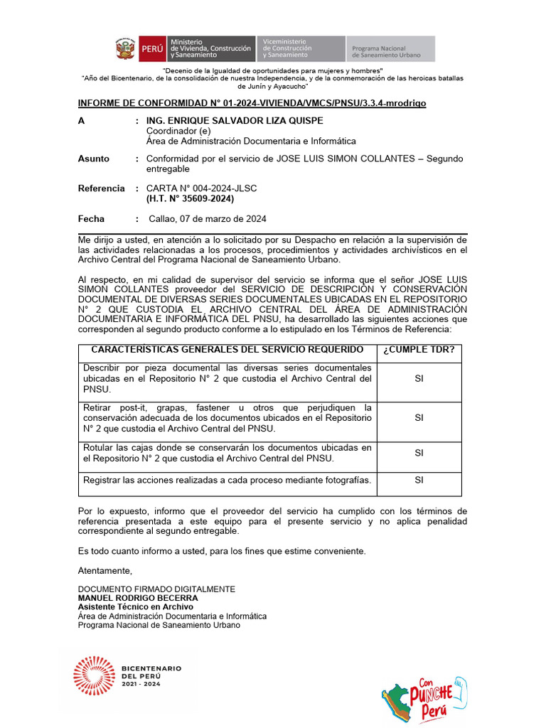 Informe de Conformidad #01-2024-Mrodrigo - Conformidad JOSE SIMON | PDF