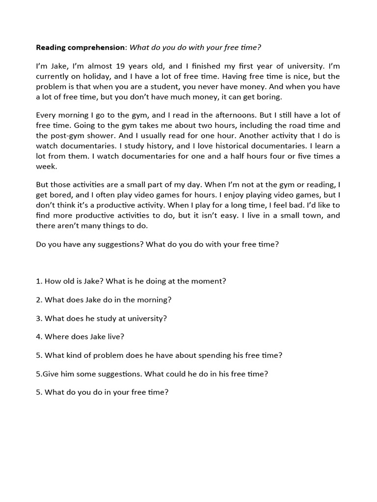 Jake's Free Time Activities and Challenges | PDF