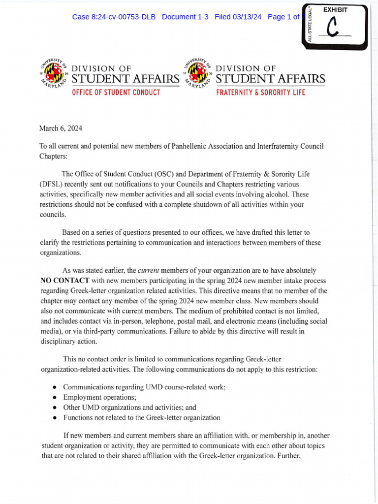 Amended Order From Umd March 6th-2 | PDF | Fraternities And Sororities
