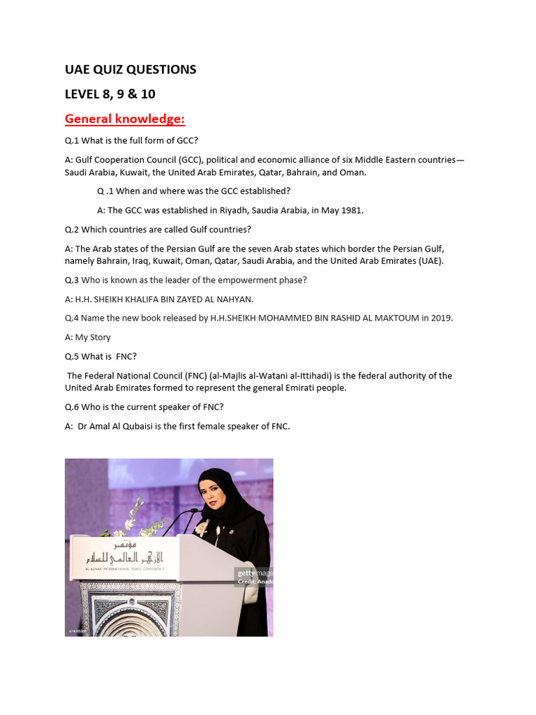UAE General Knowledge Quiz for Grades 8-10 | PDF | United Arab Emirates ...
