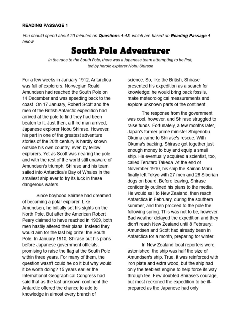 READING PASSAGE 1 | PDF | Roald Amundsen | South Pole
