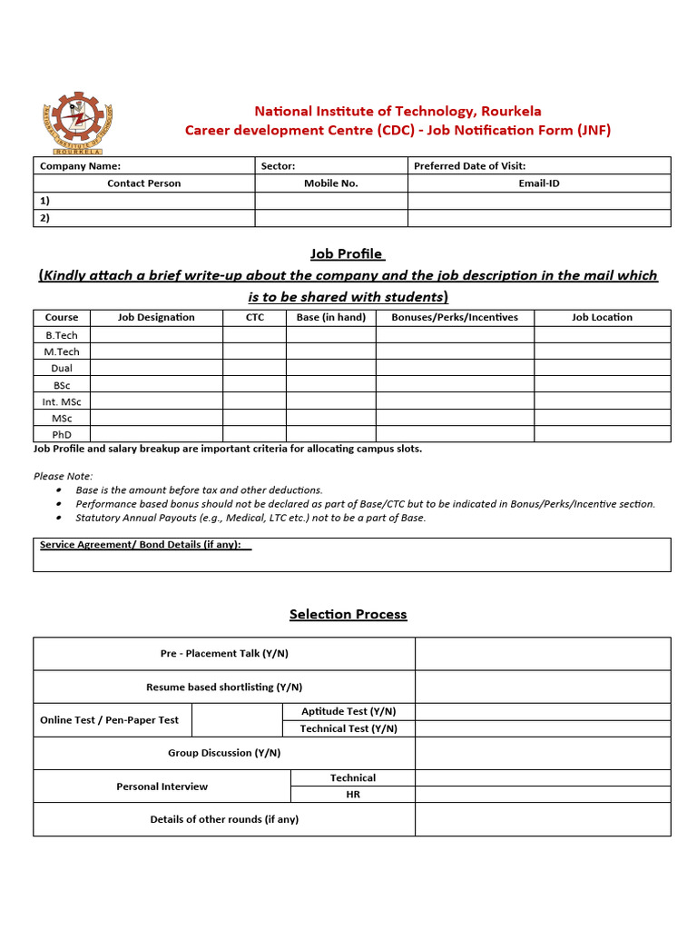 Job Notification Form (JNF) - NIT Rourkela | PDF | Engineering ...