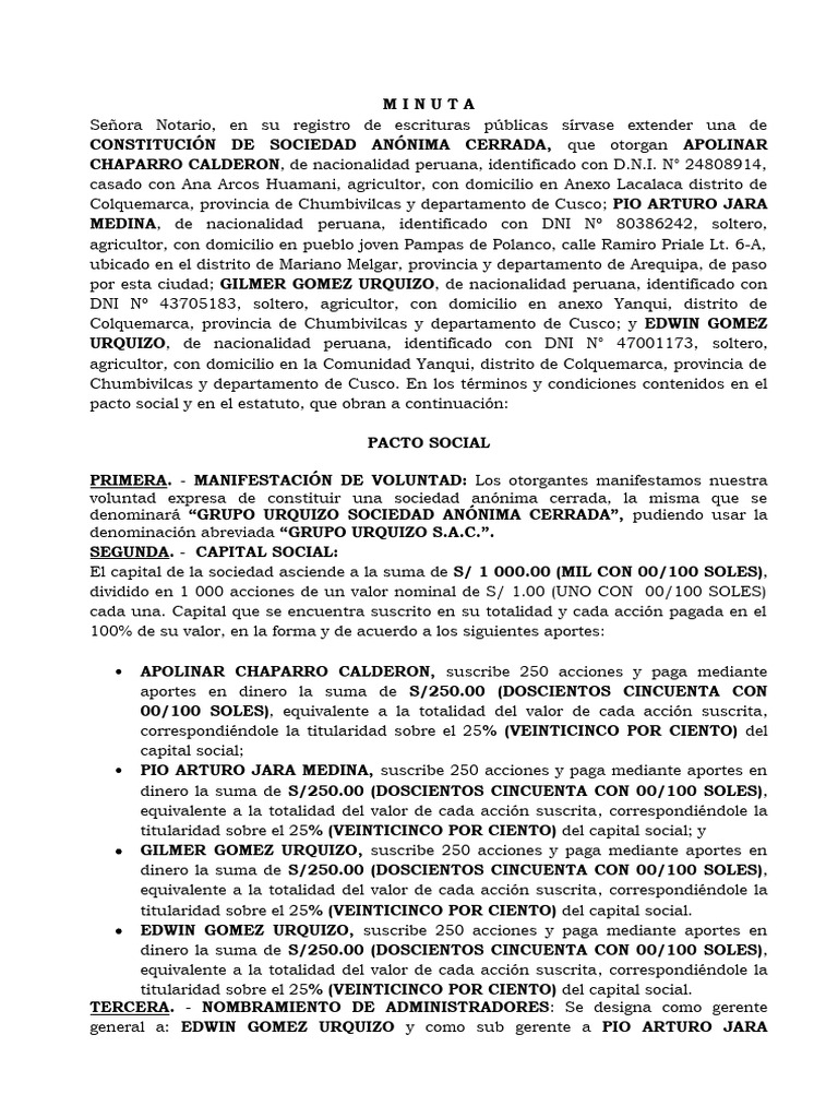 Minuta de Constitucion | PDF | Sociedad de responsabilidad limitada | Dividendo