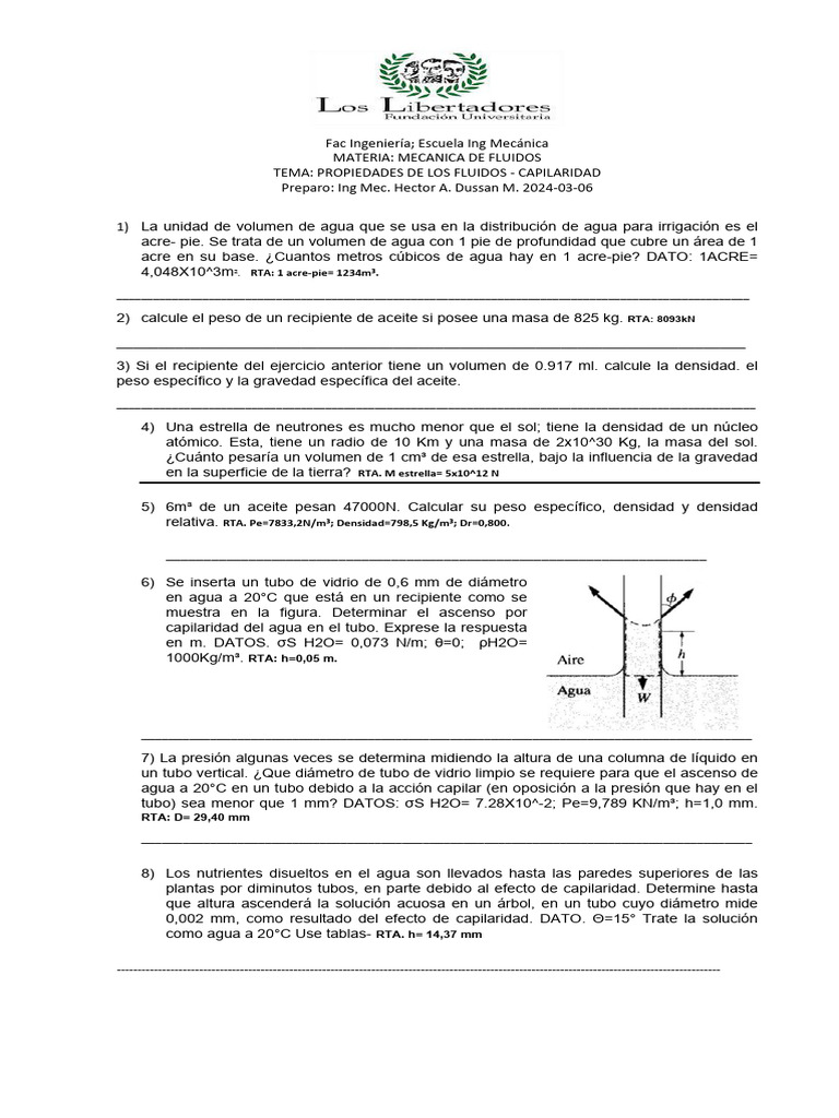 EJERCICIOS CORTE 1 Sem 1 2024 | PDF | Densidad | Agua