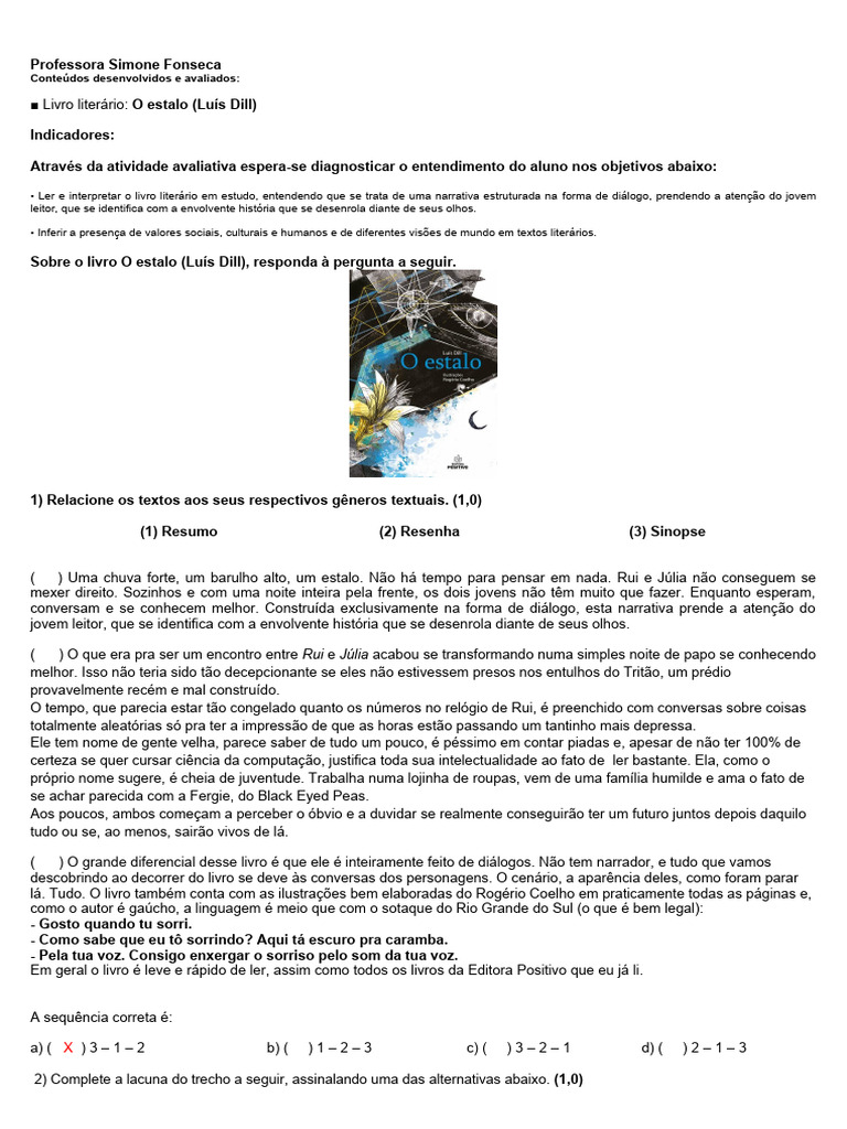 Atividade Sobre o Livro Literário O Estalo - Luís Dill | PDF | Narrativa | Família