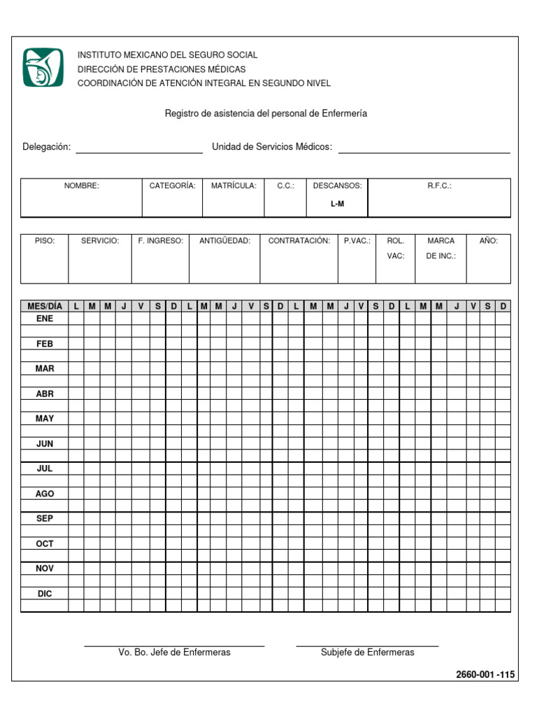 Registro de asistencia del personal de Enfermería IMSS | PDF