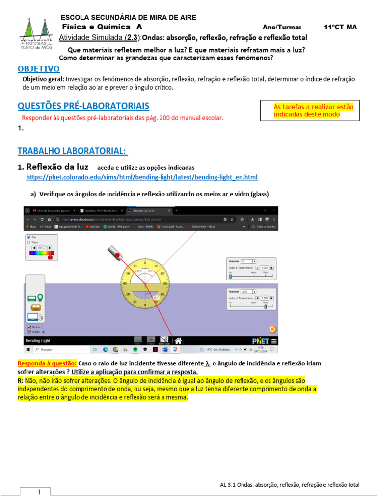 AL2.3 - Ficha Ref Refrac | PDF | Reflexão (Física) | Refração
