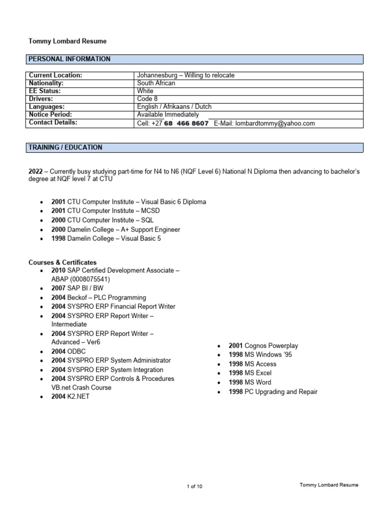 TLombard Resume Resume | PDF | Business Intelligence | Computing