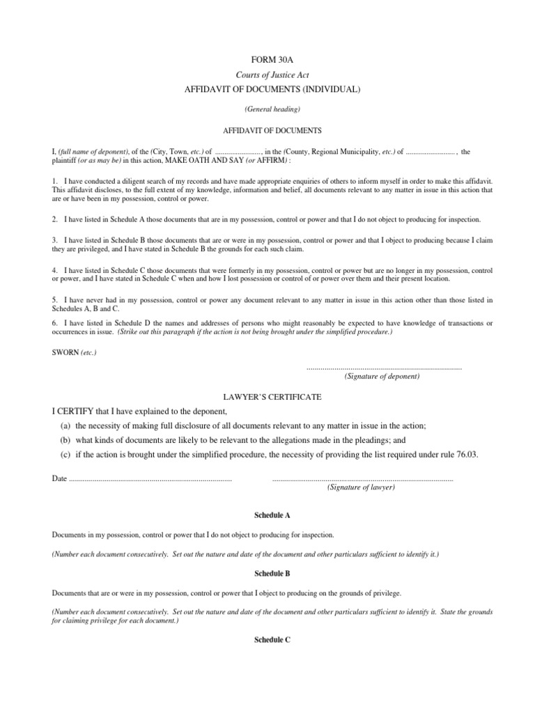 Ontario Affidavit of Documents (Individual) | PDF | Affidavit | Government