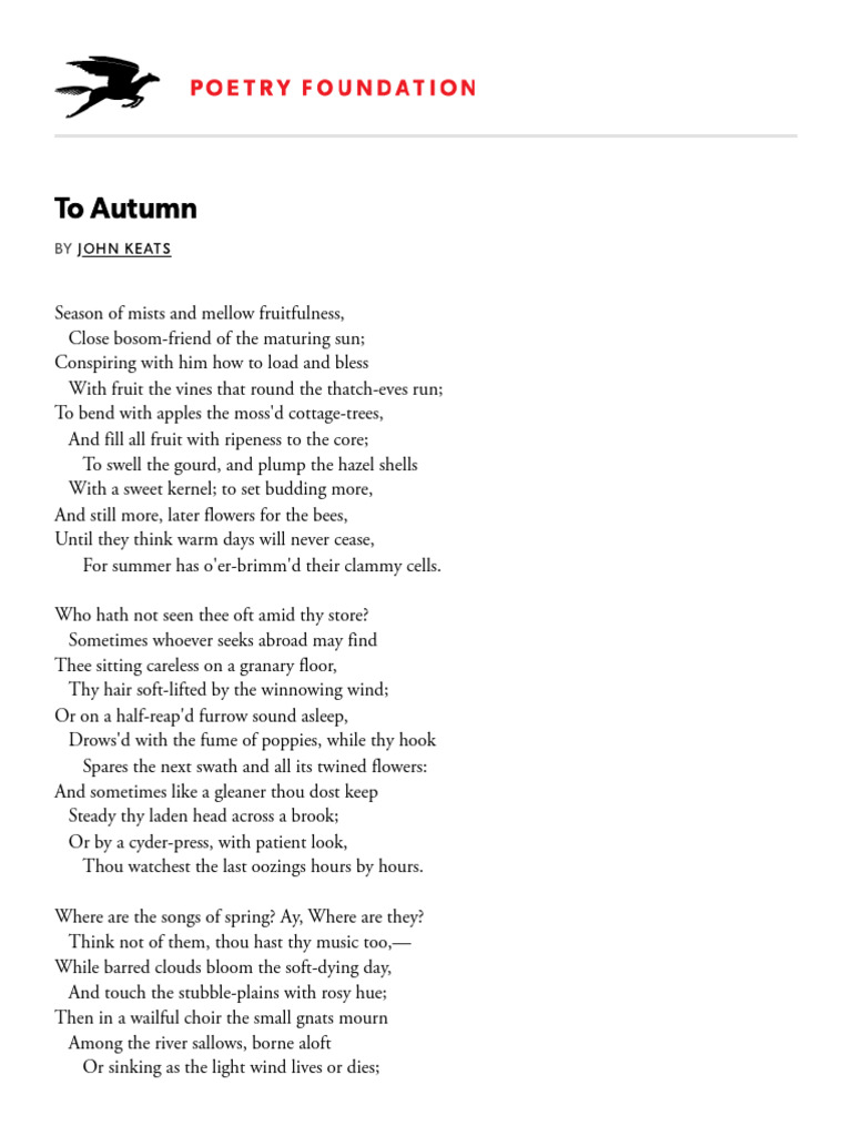 To Autumn by John Keats - Poetry Foundation | PDF