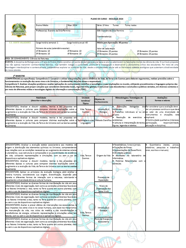Plano de Curso de Biologia 1º | PDF | Vida | Science