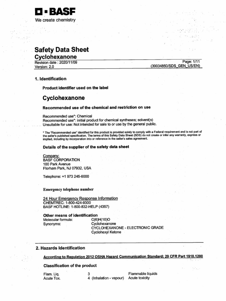BASF Cyclohexanone SDS 2020 | PDF