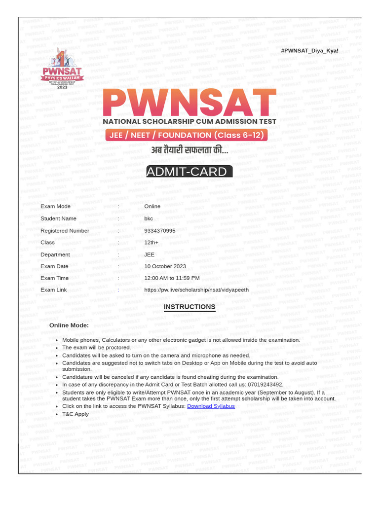 PWNSAT 2023 Admit Card Details | PDF | Career & Growth