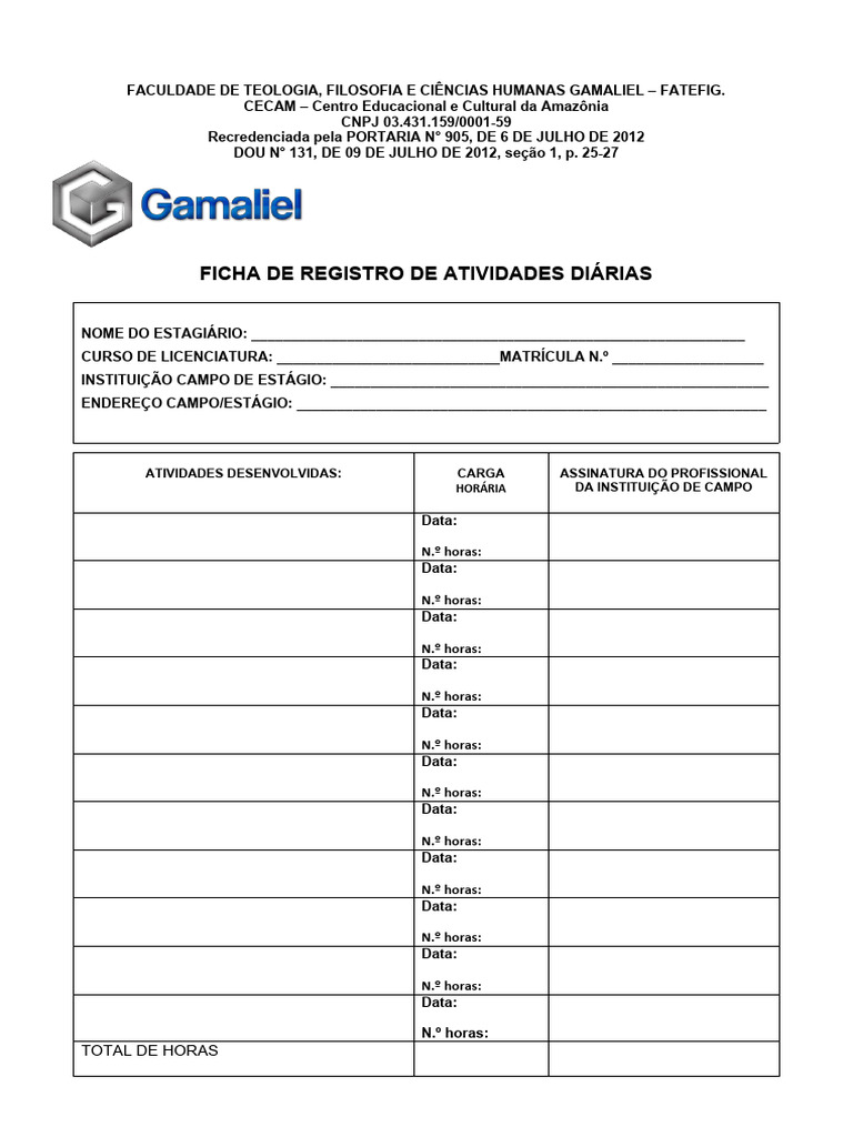 Registro de Atividades de Estágio | PDF