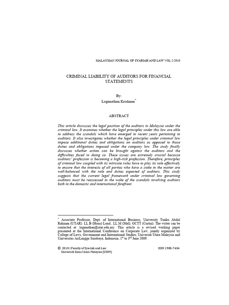 Criminal Liability of Auditors For Financial Statements | PDF | Fraud ...