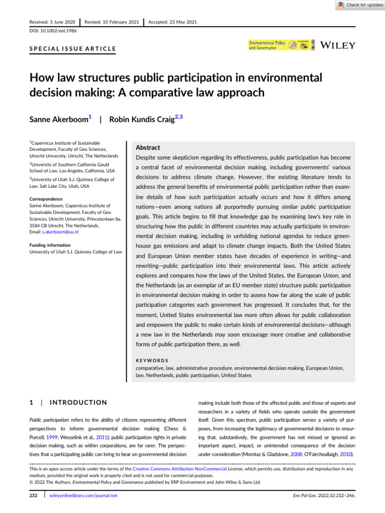 Env Pol Gov - 2022 - Akerboom - How Law Structures Public Participation ... Env Pol Gov - 2022 - Akerboom - How Law Structures Public Participation ...
