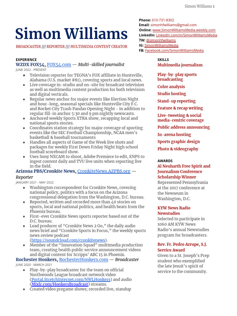 Resume Simon Williams | PDF | Arizona State University | Mass Media