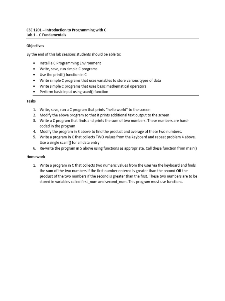 CSE 1201 Programming Lab 1 | PDF | Teaching Methods & Materials