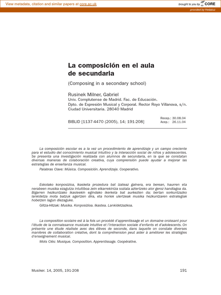 Composición musical en secundaria | PDF | Melodía | Maestros