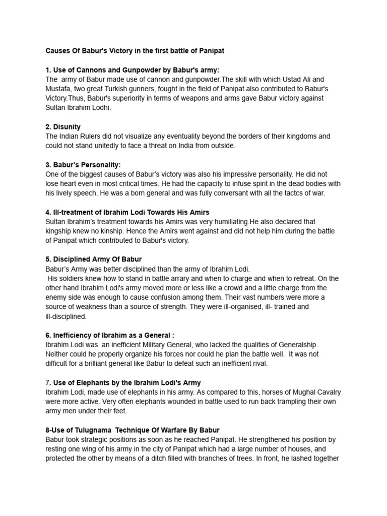 Causes of Babur's Victory in The First Battle of Panipat | PDF ...