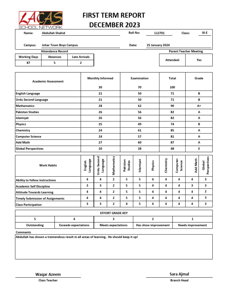 First Term Report Card 2023-2024 - 13325 | PDF | Learning | Cognition